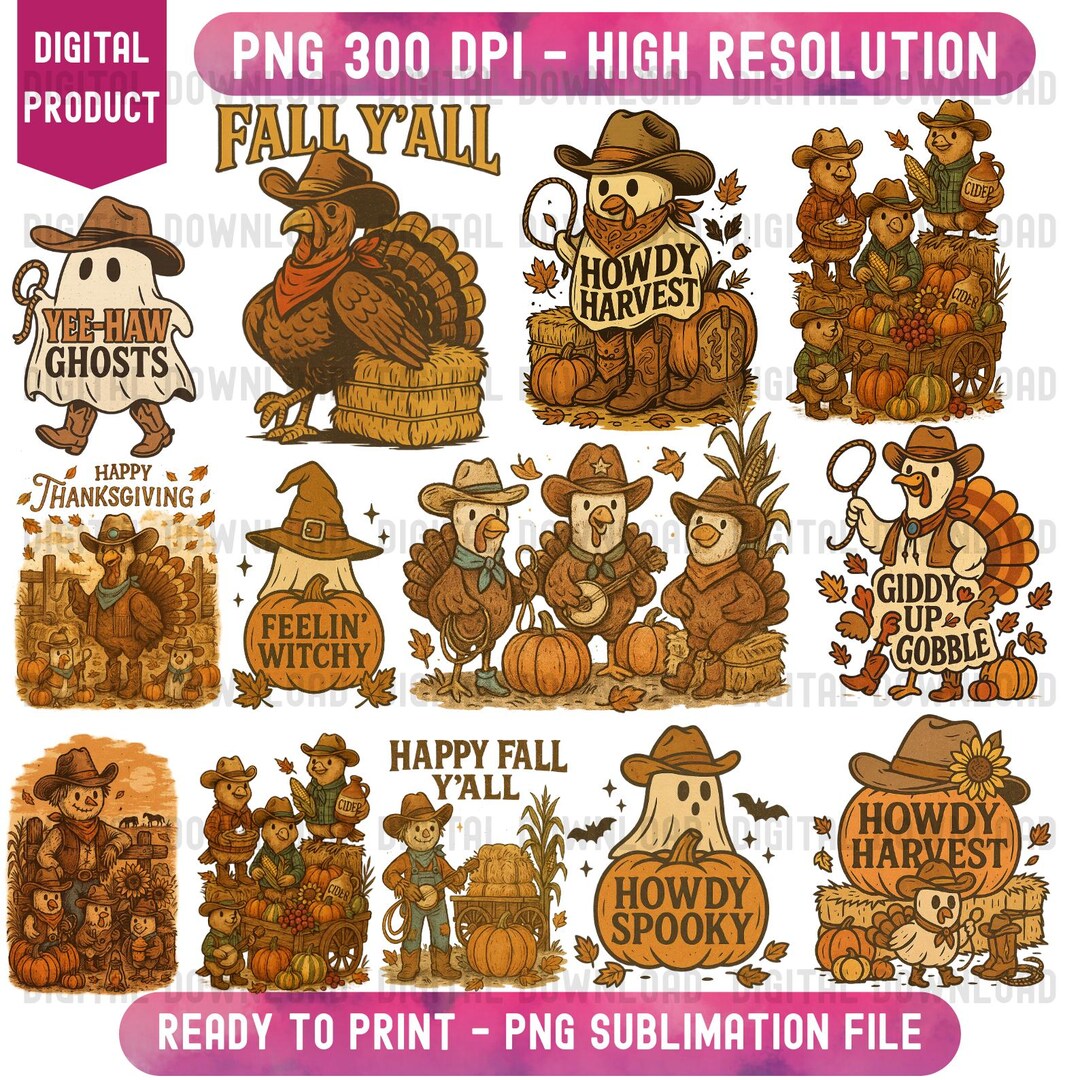 Thanksgiving Cowboy Turkey PNG Bundle, Fall Autumn Harvest Clipart ...