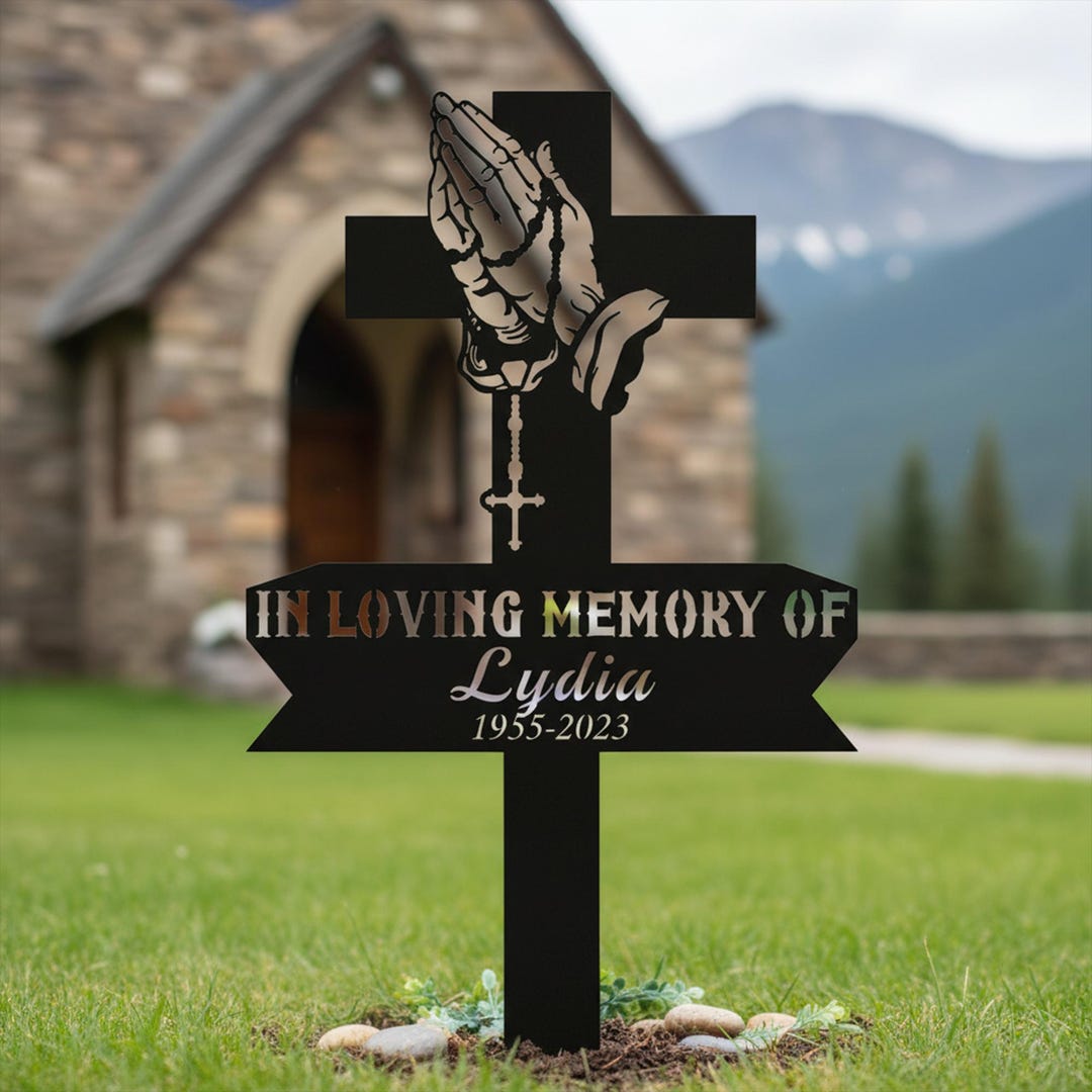 Custom Cross and Praying Hands Memorial Sign, Praying Hands Sign, Cross ...