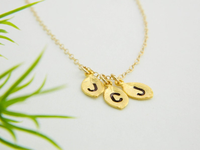 Three Initial Necklace, Leaf Charm Necklace, Monogram Jewelry, Mother's ...