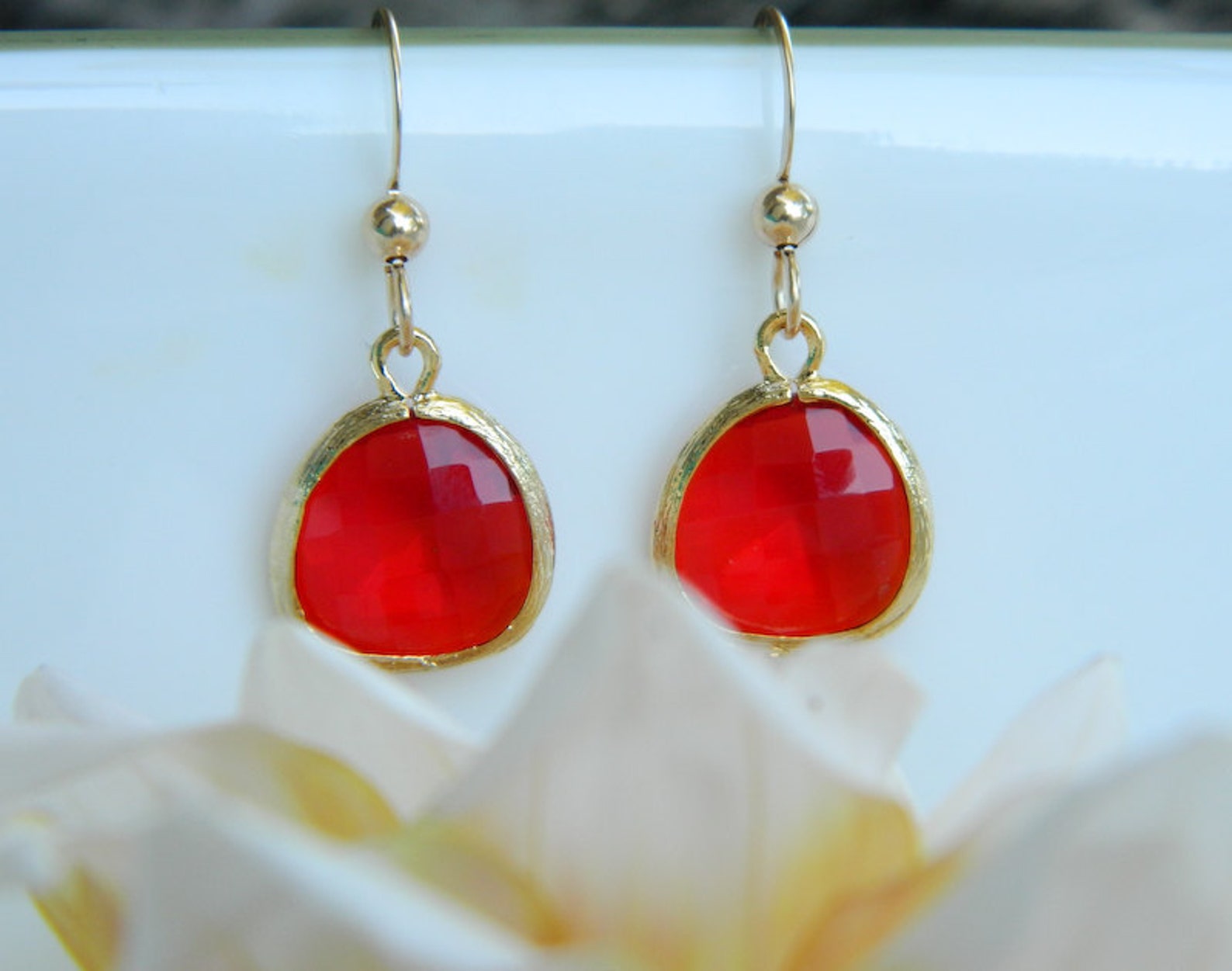 Gold Red Dangle Earrings Red Stone Earrings Mothers | Etsy