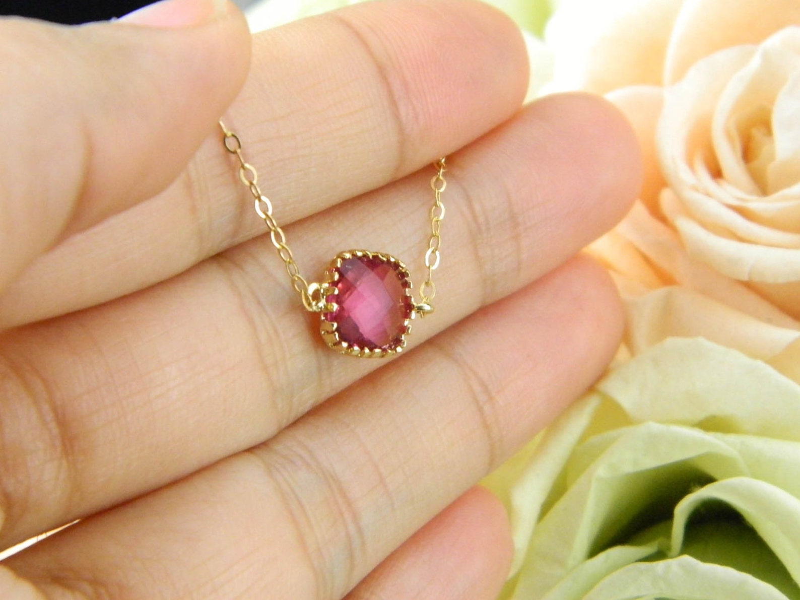 Tiny Ruby Necklace Fuschia Necklace Minimal Jewelry - Etsy
