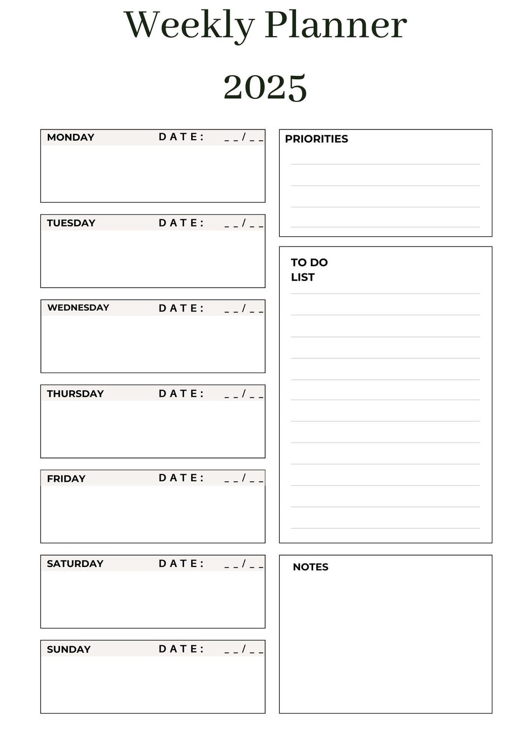 A4 Weekly Planner Template - Printable & Fillable - Minimalist Design ...