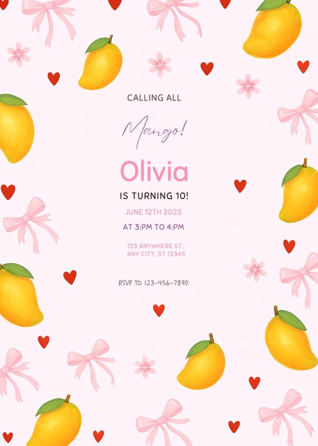 Mango Sweet Birthday Party Invitation, Mango Bow Birthday Invite, Mango ...