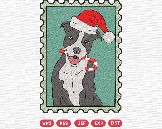 Christmas Pitbull Stamp Embroidery Design, Holiday Dog Embroidery File ...