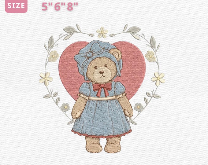Vintage Thrifted Bear Embroidery Design, Bear Coquette Bow Embroidery ...