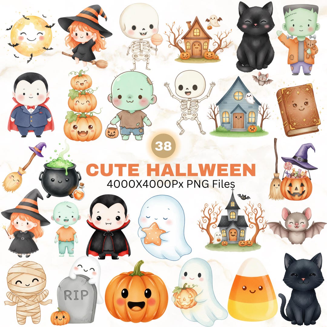 Cute Halloween Clipart Bundle – Watercolor PNG Files Ghost Witch ...