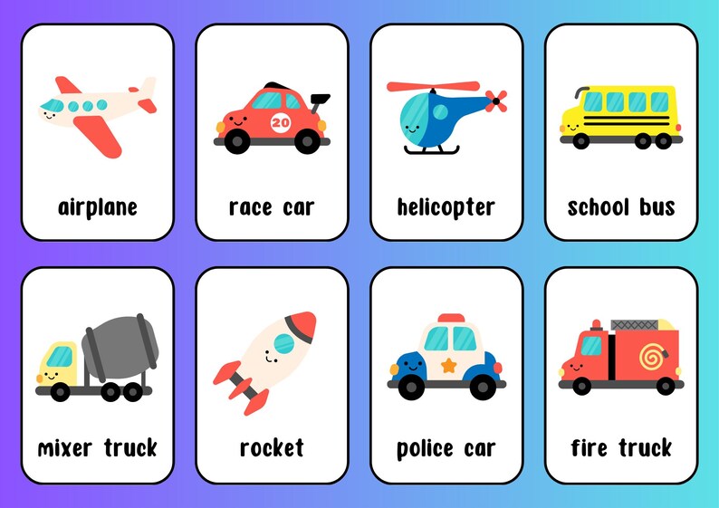 Vehicles Flashcards | Printable Transportation Cards for Kids | Cars ...