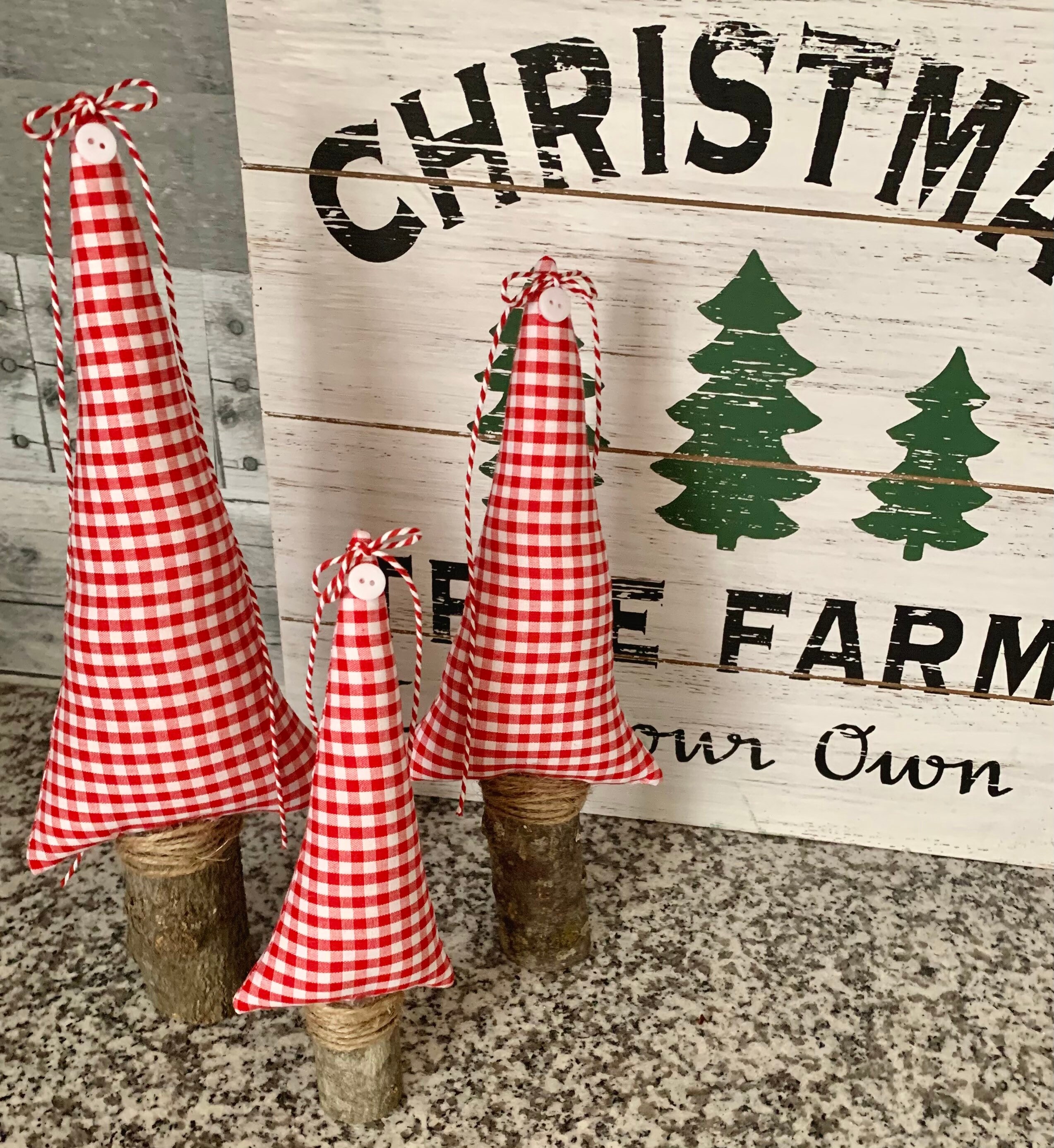 Fabric Christmas Trees, Red, White Gingham , Farmhouse Christmas Decor ...