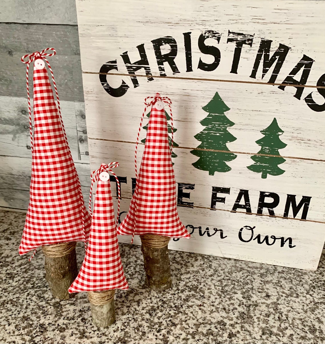 Fabric Christmas Trees, Red, White Gingham , Farmhouse Christmas Decor ...