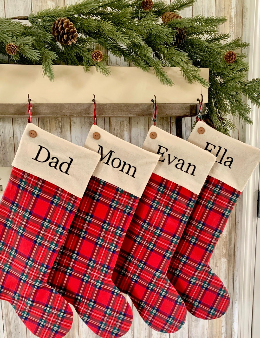 Personalized Christmas Stocking, Plaid, Family Stockings, Pet Stocking ...