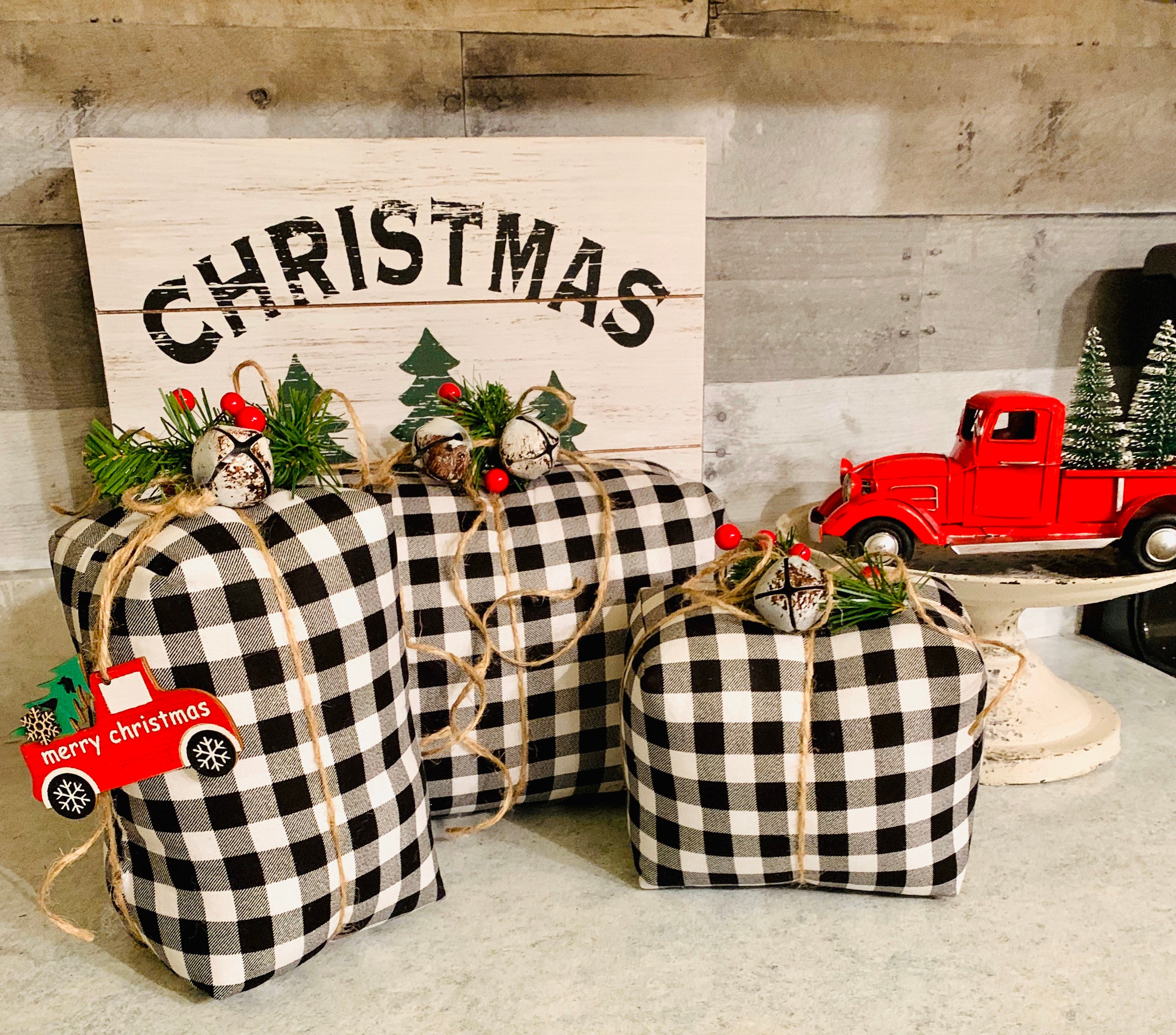 Christmas presents set of 3 buffalo plaid farmhouse | Etsy