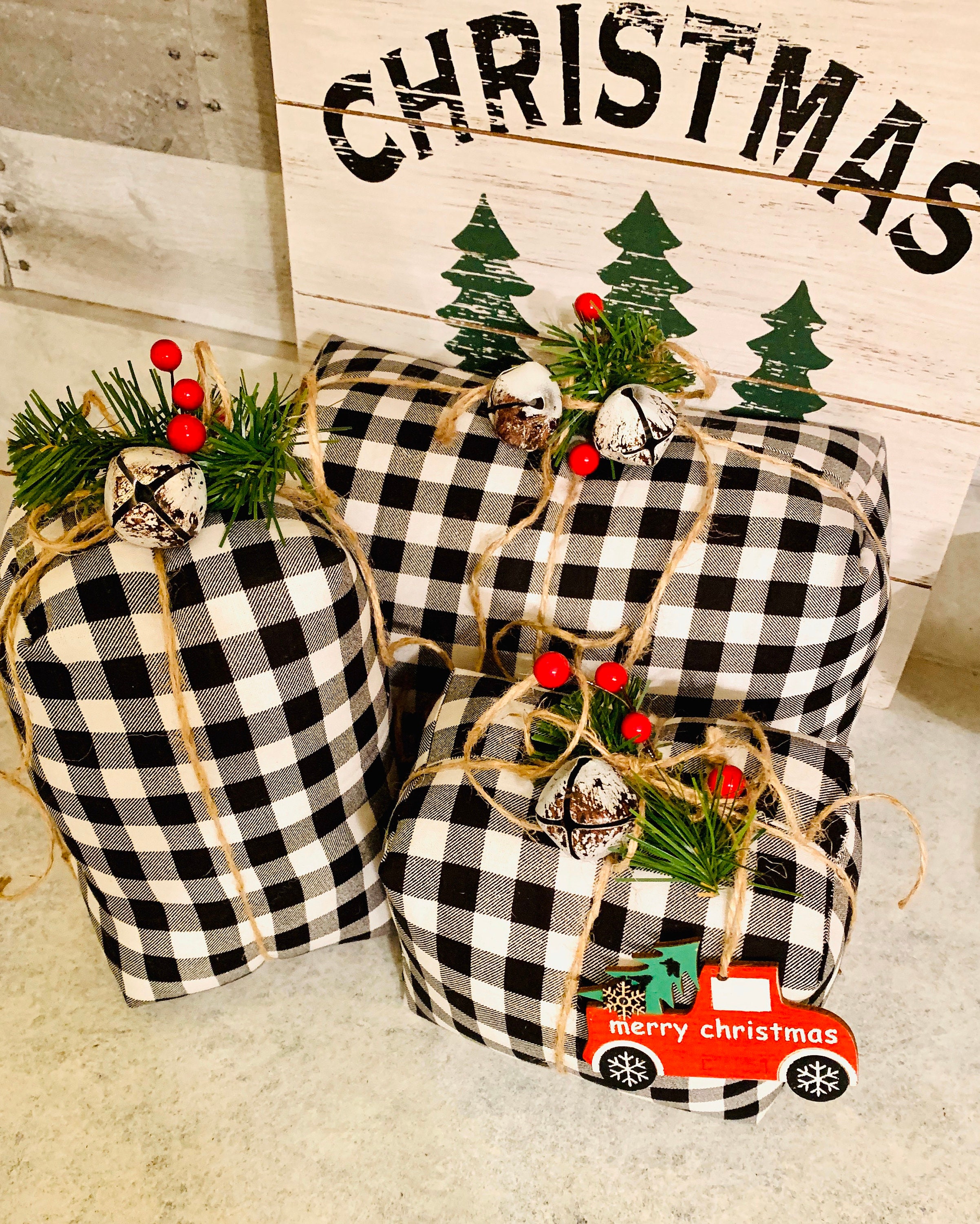 Christmas presents set of 3 buffalo plaid farmhouse | Etsy