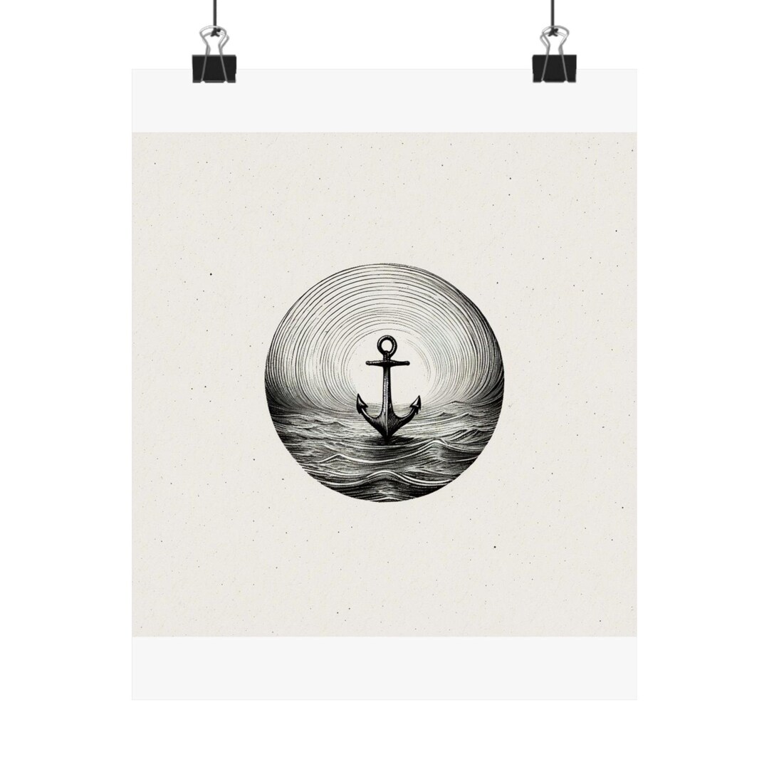 Vertical Posters, Line Drawing Waves and Anchor, Nautical Wall Art ...