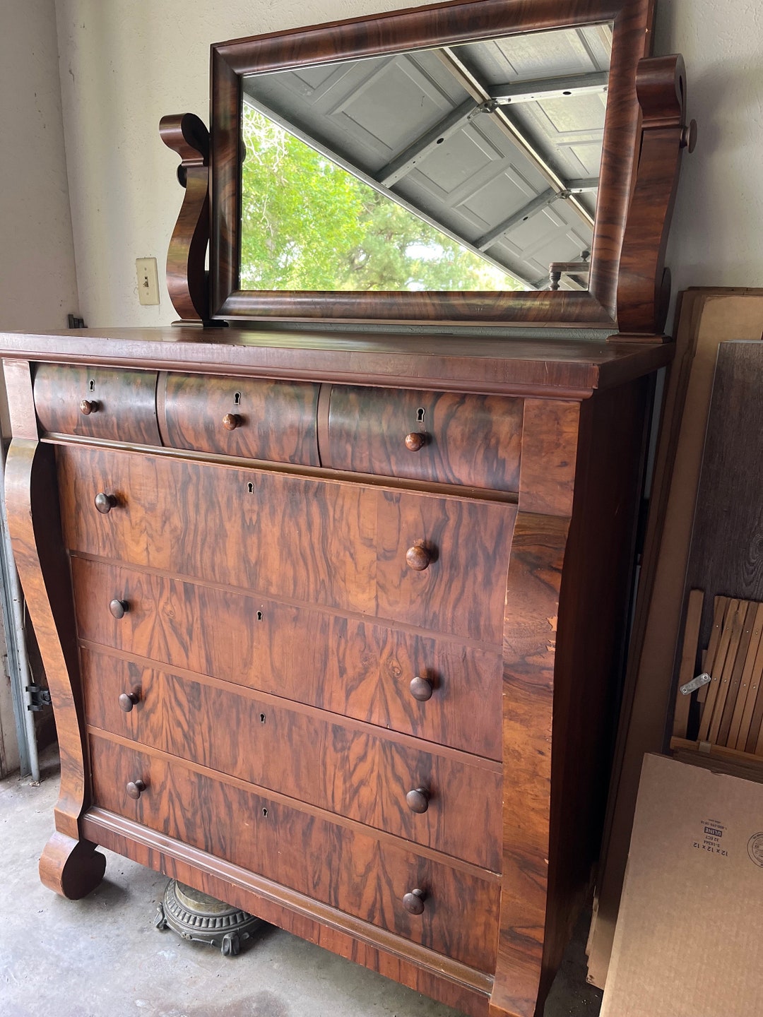 Antique Seven Drawer Chest With Mirror, Birds Eye Maple Lined Drawers ...