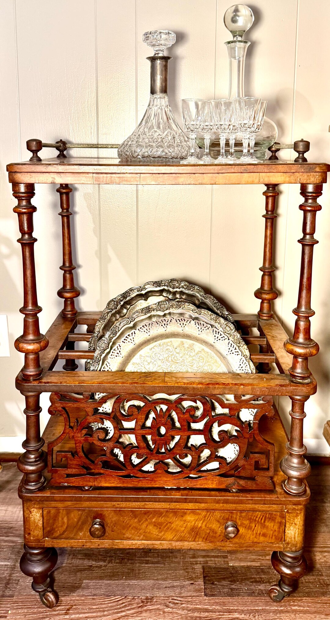 SALE: Antique Canterbury Serving Cart, Serving Cart, Walnut Cart ...