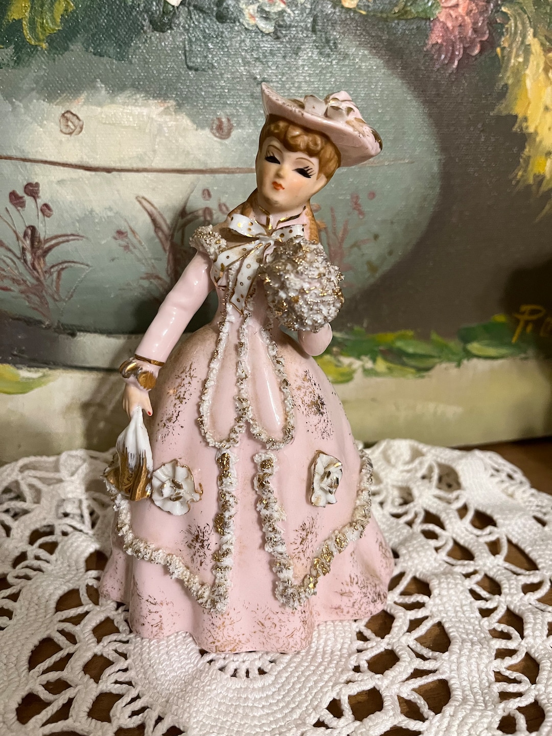 Lefton Pink Lady Figurine, Hand Painted, Spaghetti Trim, 6 High, K9572p ...