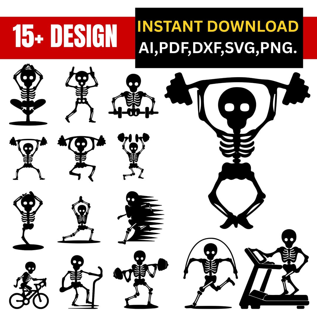 Skeleton Gym SVG Bundle: Funny Fitness Clipart (commercial Use) - Etsy