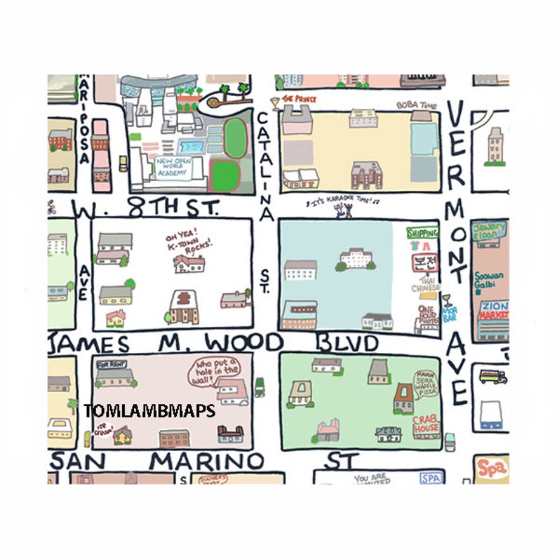 Koreatown Los Angeles Map Print Hand-drawn L.A. California Art Artists ...