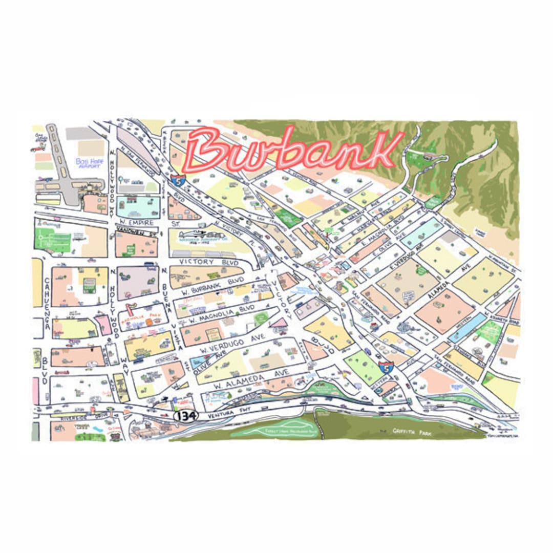 Burbank CA Map Print Hand-drawn L.A. Illustration Cartography Urban ...