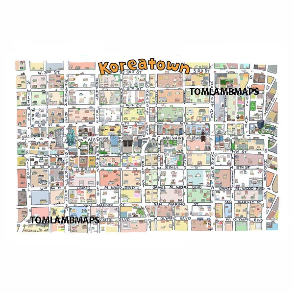 Koreatown Los Angeles Map Print Hand-drawn L.A. California Art Artists ...