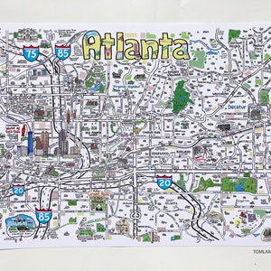 Atlanta GA Illustrated Map Hand-drawn Art Home Illustration - Etsy