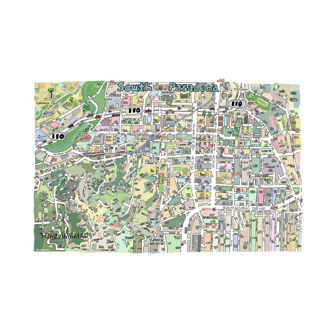 South Pasadena CA Map Print Hand-drawn L.A. California Art Artists Home ...