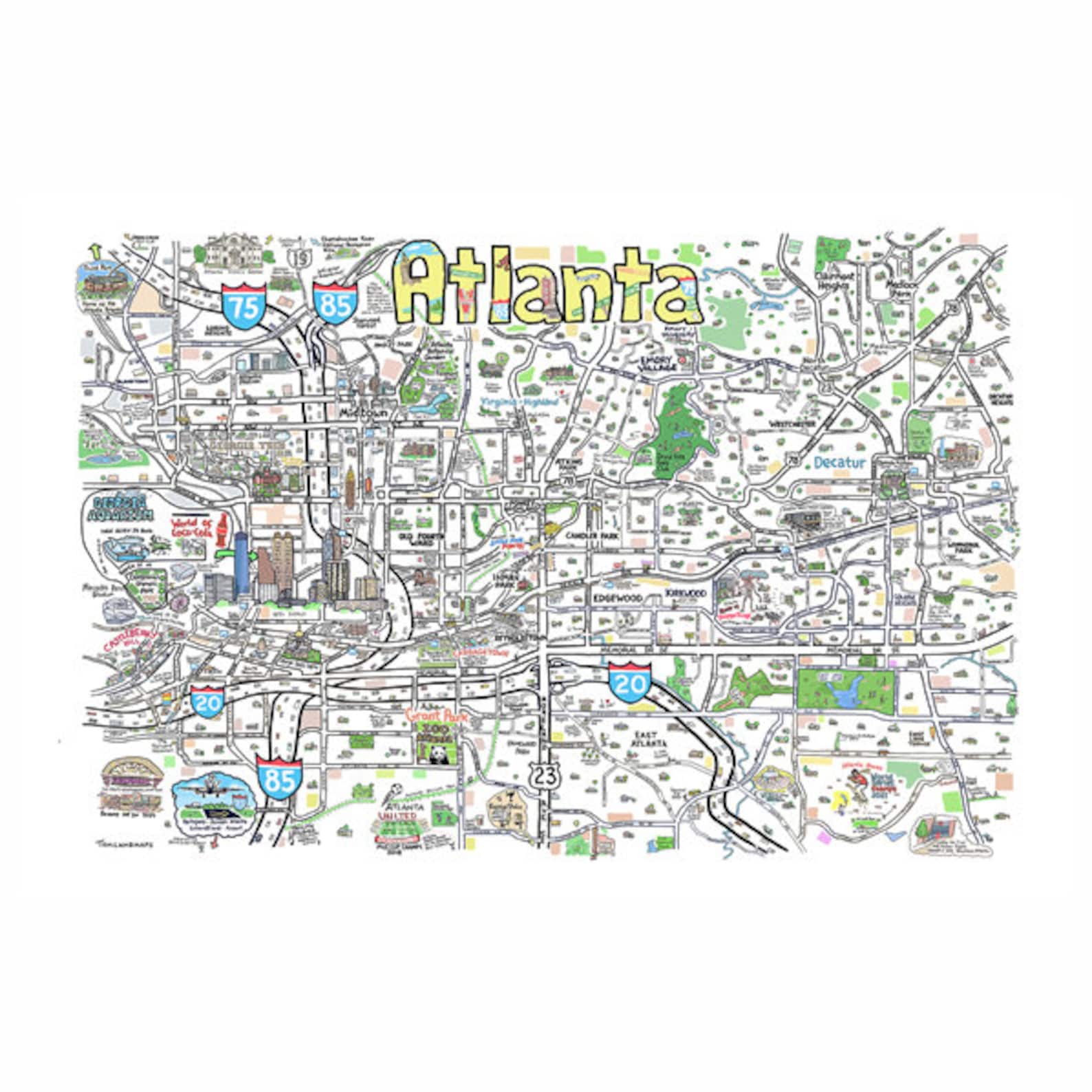 Atlanta GA Illustrated Map Hand-drawn Art Home Illustration - Etsy