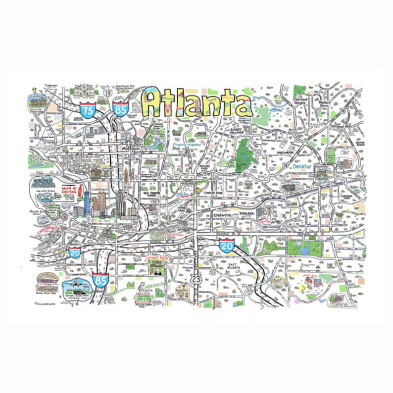 Atlanta GA Illustrated Map Hand-drawn Art Home Illustration - Etsy