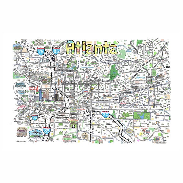Atlanta GA Illustrated Map Hand-drawn Art Home Illustration - Etsy