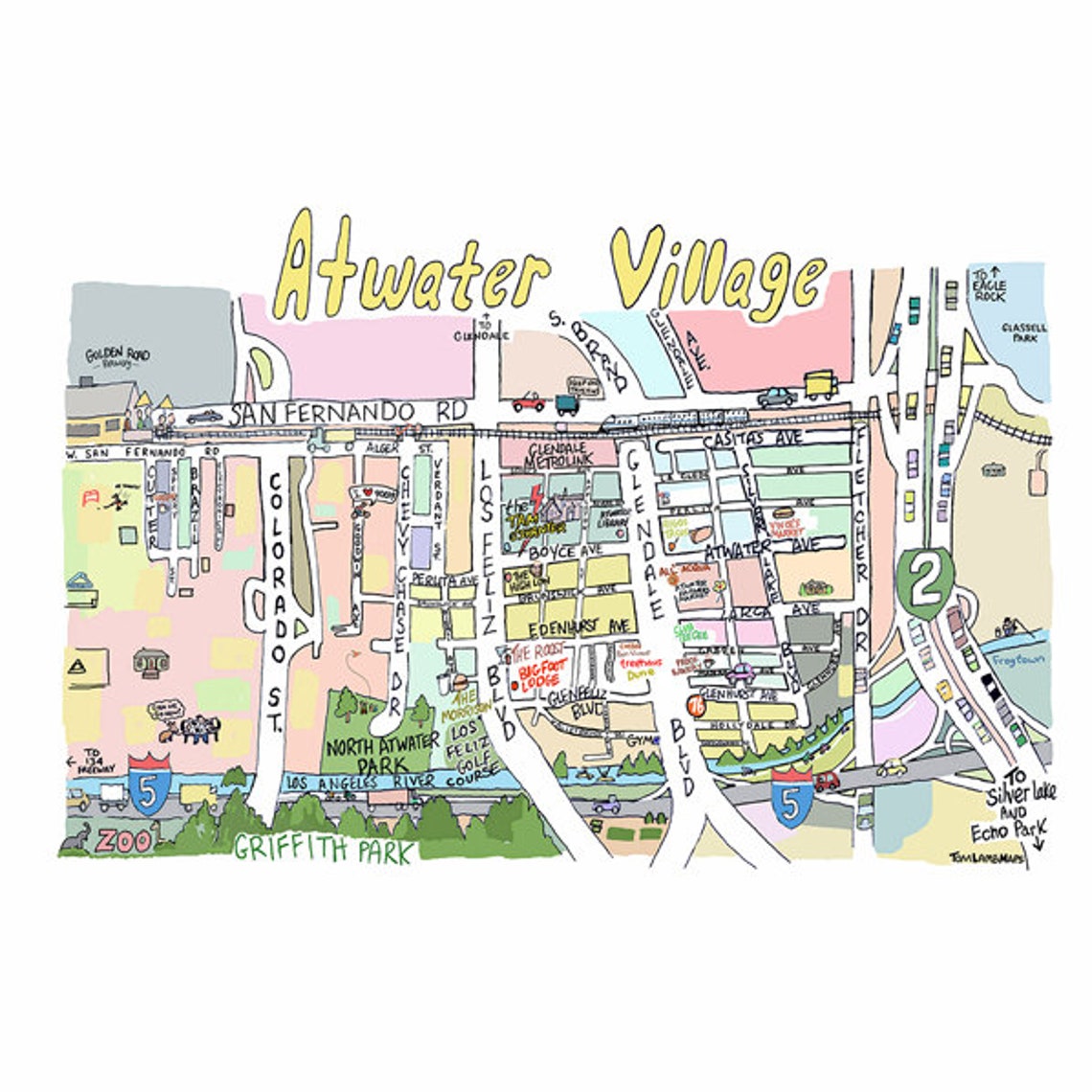 Atwater Village CA Map Print Hand-drawn L.A. California Art Cartography ...