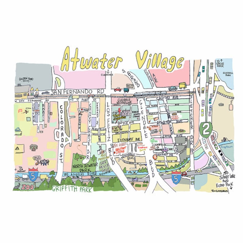 Atwater Village CA Map Print Hand-drawn L.A. California Art Cartography ...