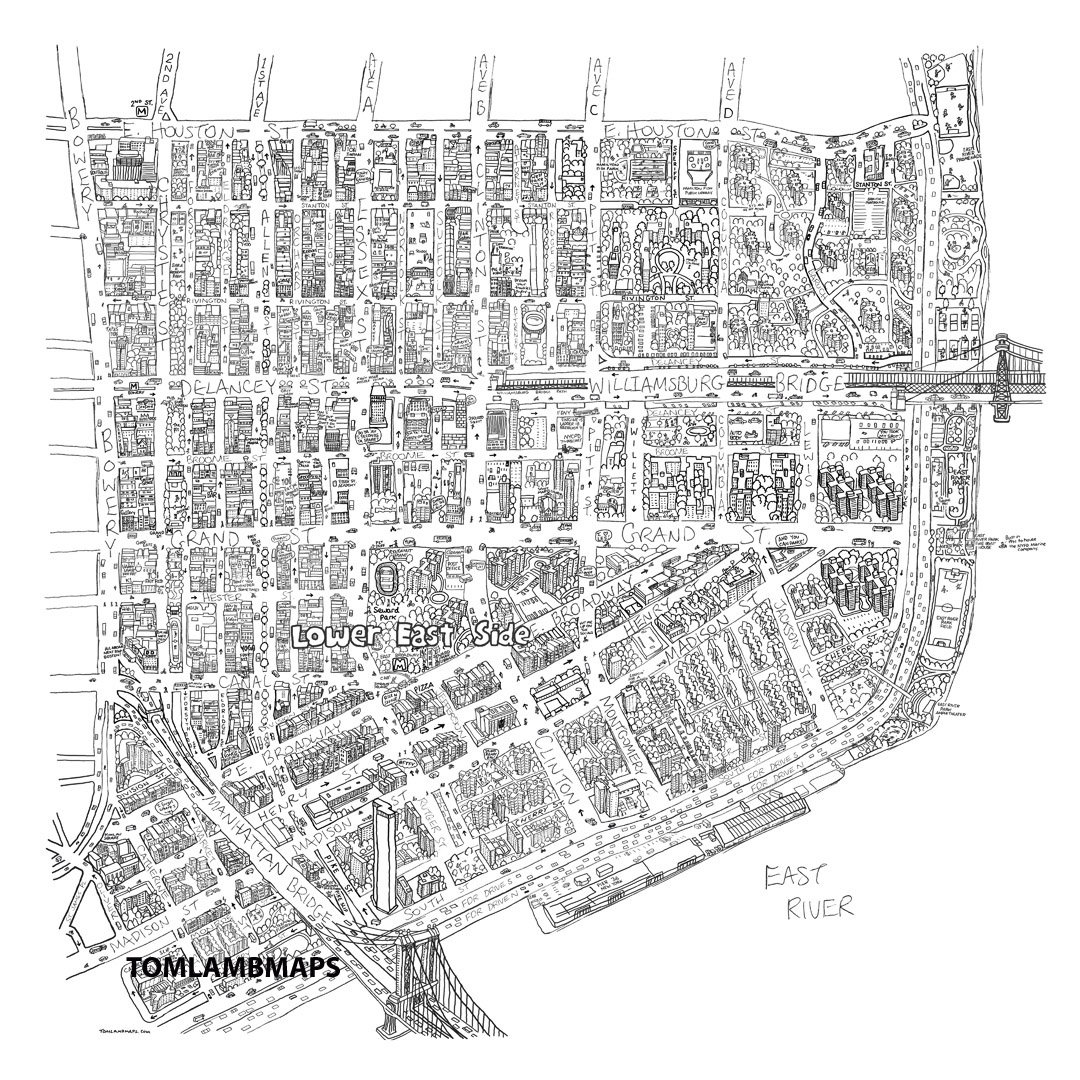 Lower East Side New York City Hand Drawn Map Print Cartography Map Art ...