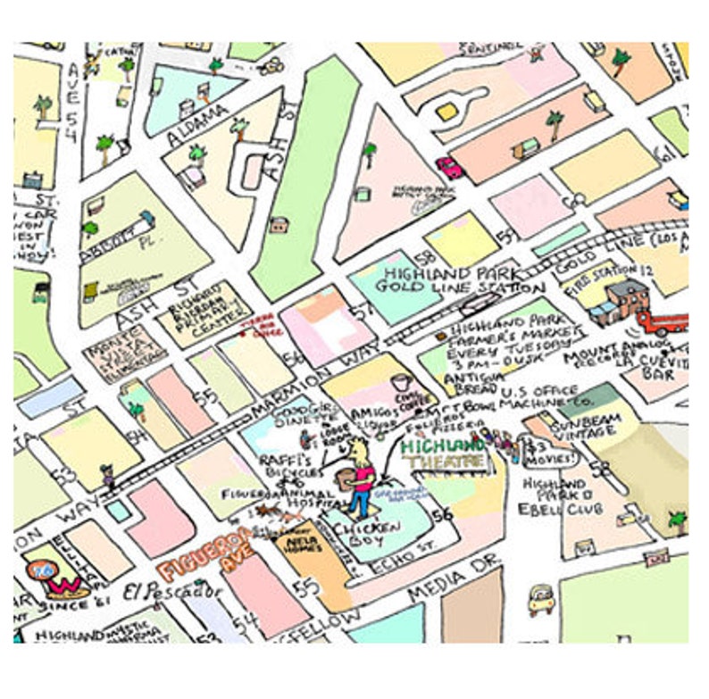 Highland Park CA Map Print Hand-drawn L.A. California Art Home ...