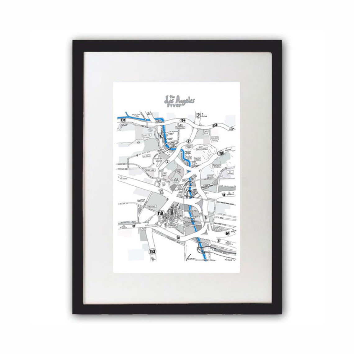 L.A. River Los Angeles CA Map Print Hand-drawn California Art Water ...
