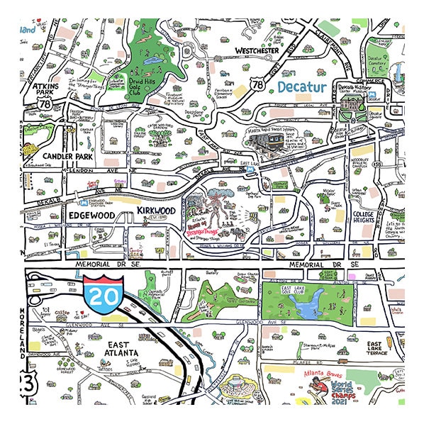 Atlanta GA Illustrated Map Hand-drawn Art Home Illustration - Etsy