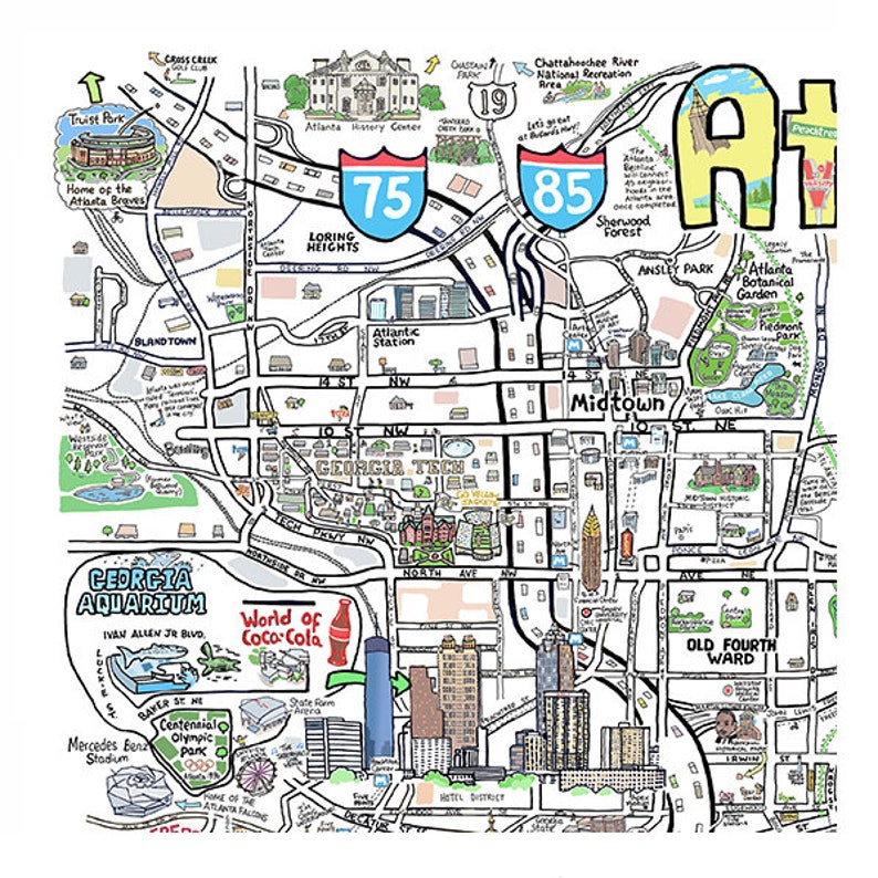 Atlanta GA Illustrated Map Hand-drawn Art Home Illustration - Etsy