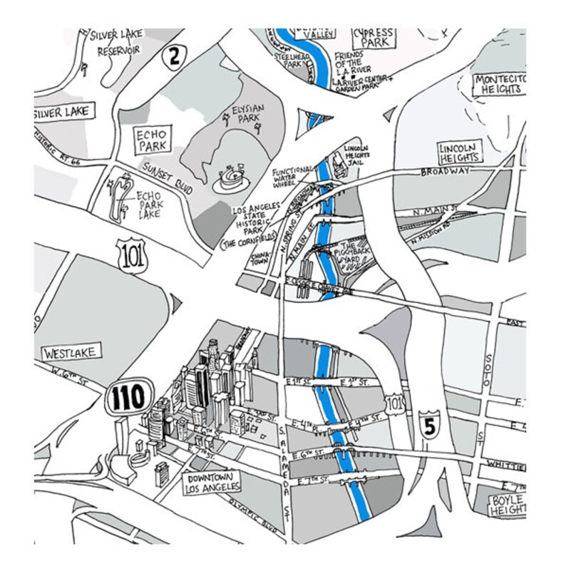 L.A. River Los Angeles CA Map Print Hand-drawn California Art Water ...