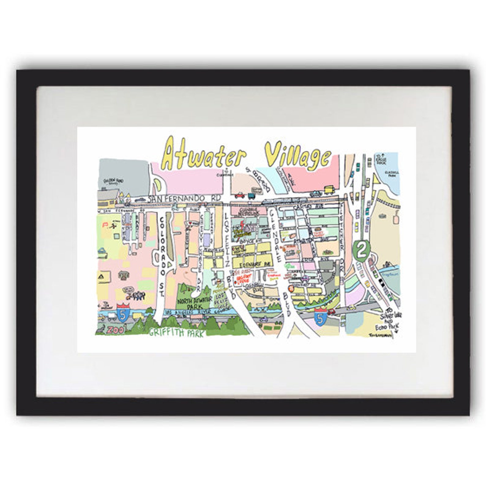 Atwater Village CA Map Print Hand-drawn L.A. California Art Cartography ...