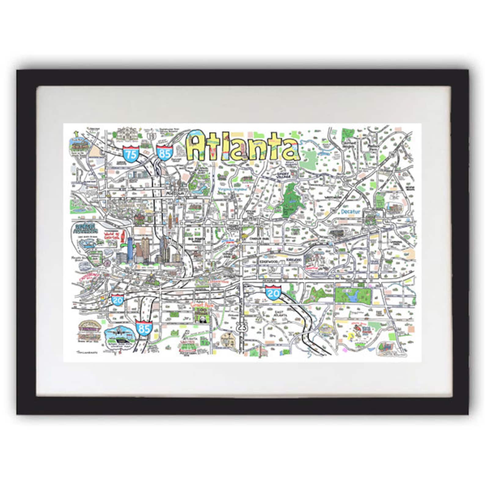 Atlanta GA Illustrated Map Hand-drawn Art Home Illustration - Etsy