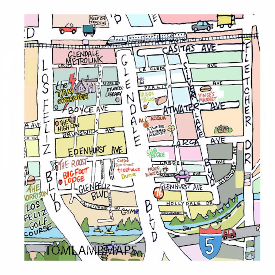 Atwater Village CA Map Print Hand-drawn L.A. California Art Cartography ...