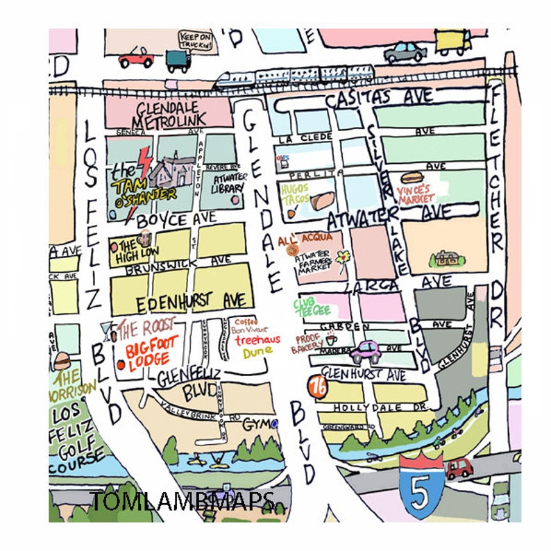 Atwater Village CA Map Print Hand-drawn L.A. California Art Cartography ...