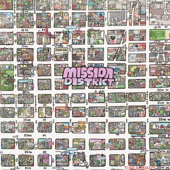 Mission District San Francisco Hand Drawn Map Drawing Print | Etsy