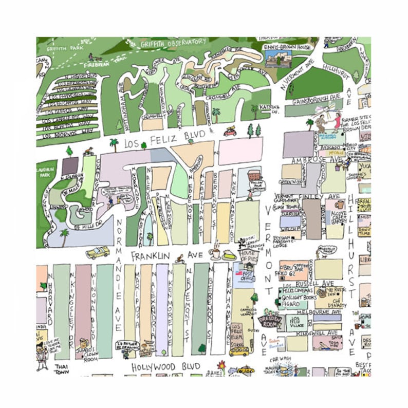 Los Feliz CA Map Print Hand-drawn Los Angeles California Art Home ...