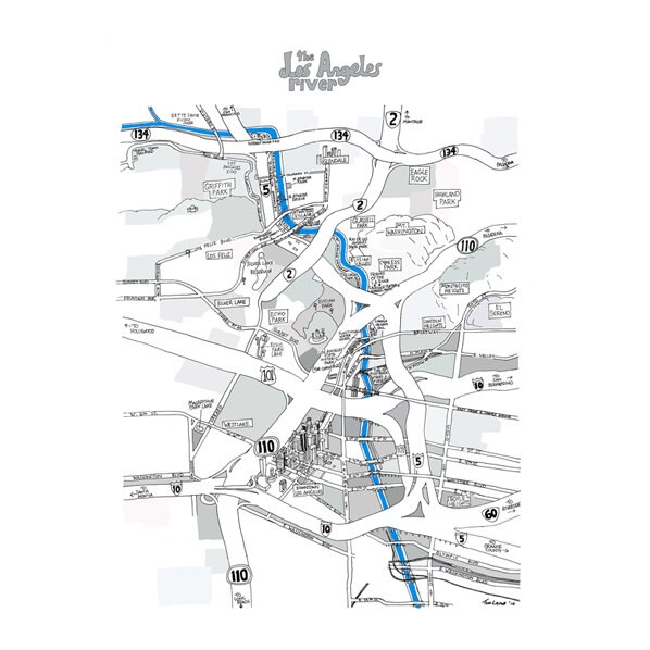 L.A. River Los Angeles CA Map Print Hand-drawn California Art Water ...
