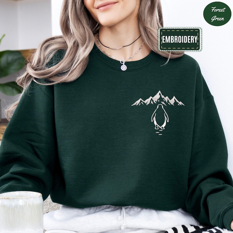 Embroidered Nihilist Penguin Sweatshirt, Minimalist Penguin Mountain ...