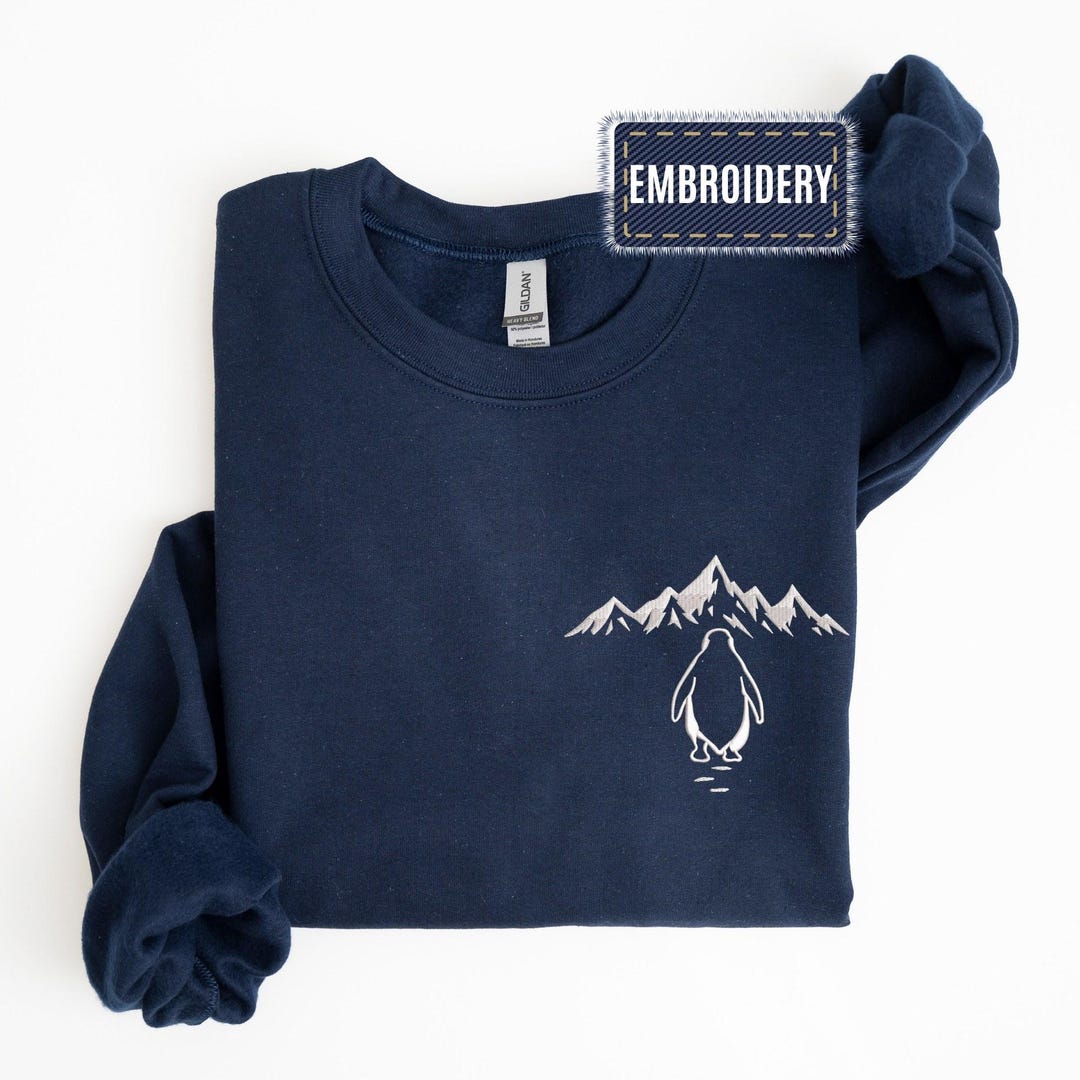 Embroidered Nihilist Penguin Sweatshirt, Minimalist Penguin Mountain ...