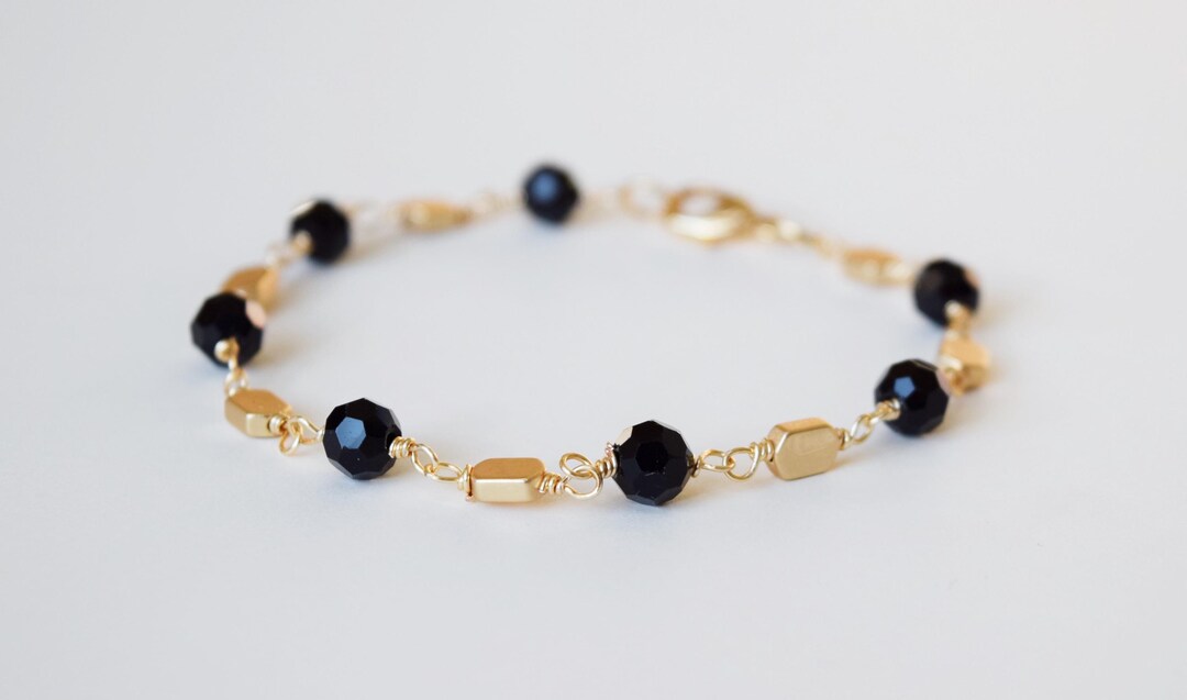 Black and Gold Wire Wrapped Bead Bracelet | Black Beaded Bracelets ...