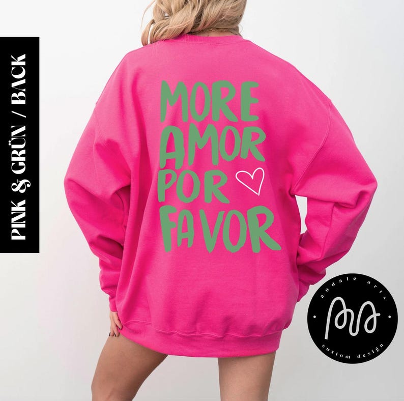 Pull More Amor Por Favor rose et vert | Sweat-shirt oversize avec ...