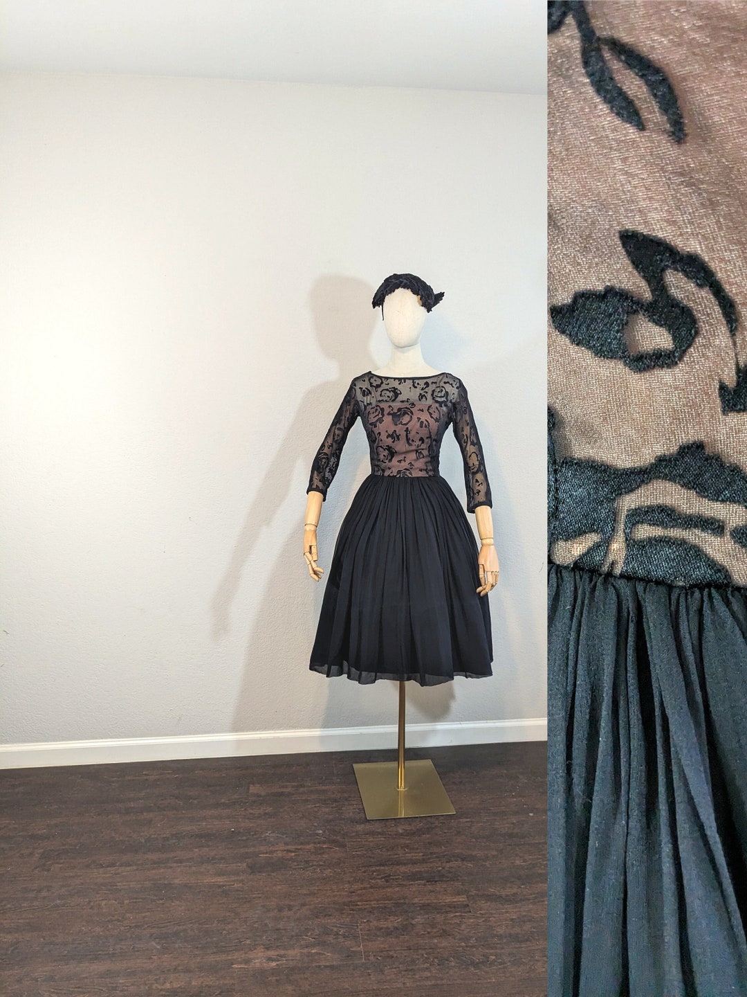 1950s Sandra Sage Black + Pink Devore Velvet + Silk Chiffon Party Dress ...