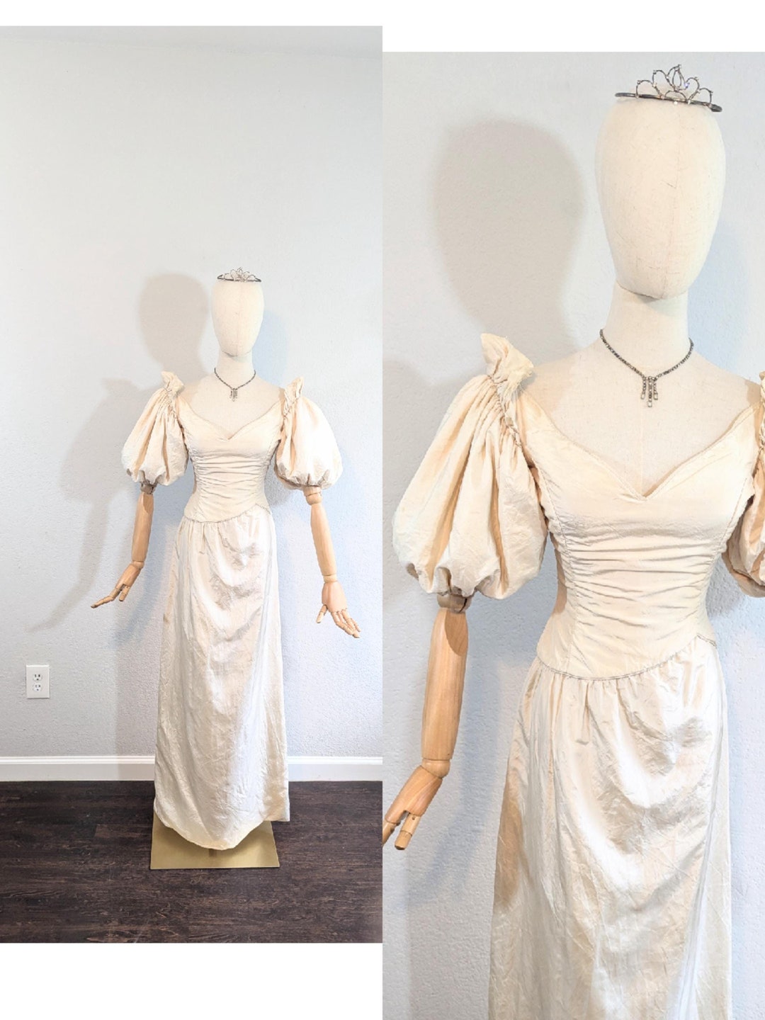 1980s Tracy Mills Cream Silk Wedding Gown With Huge Puffed Sleeves ...